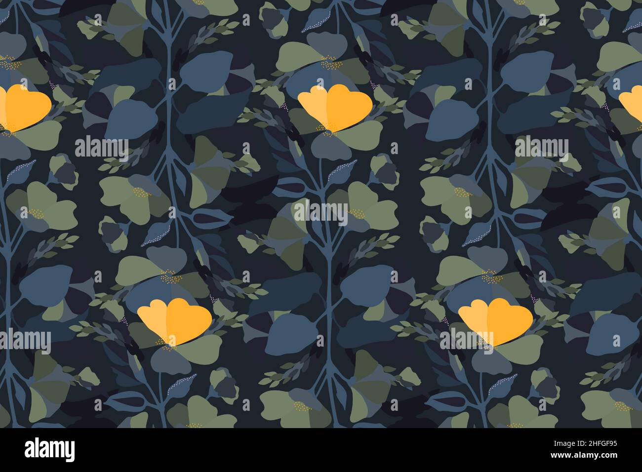 Vector floral seamless pattern. Blue, yellow and olive colored flowers ...