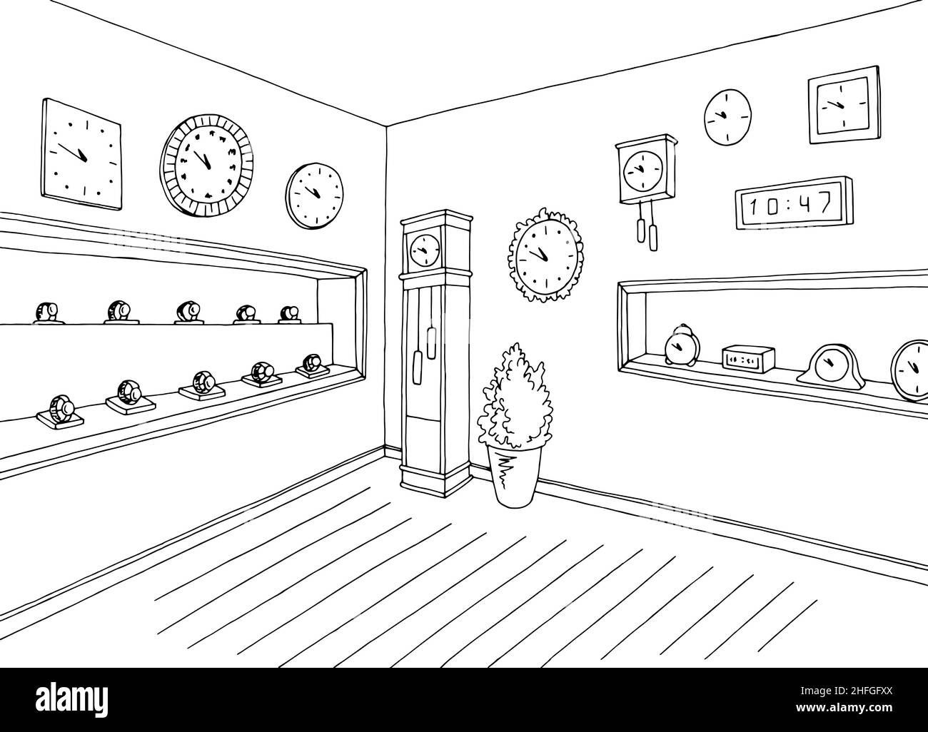 Clock shop store interior graphic black white sketch illustration ...