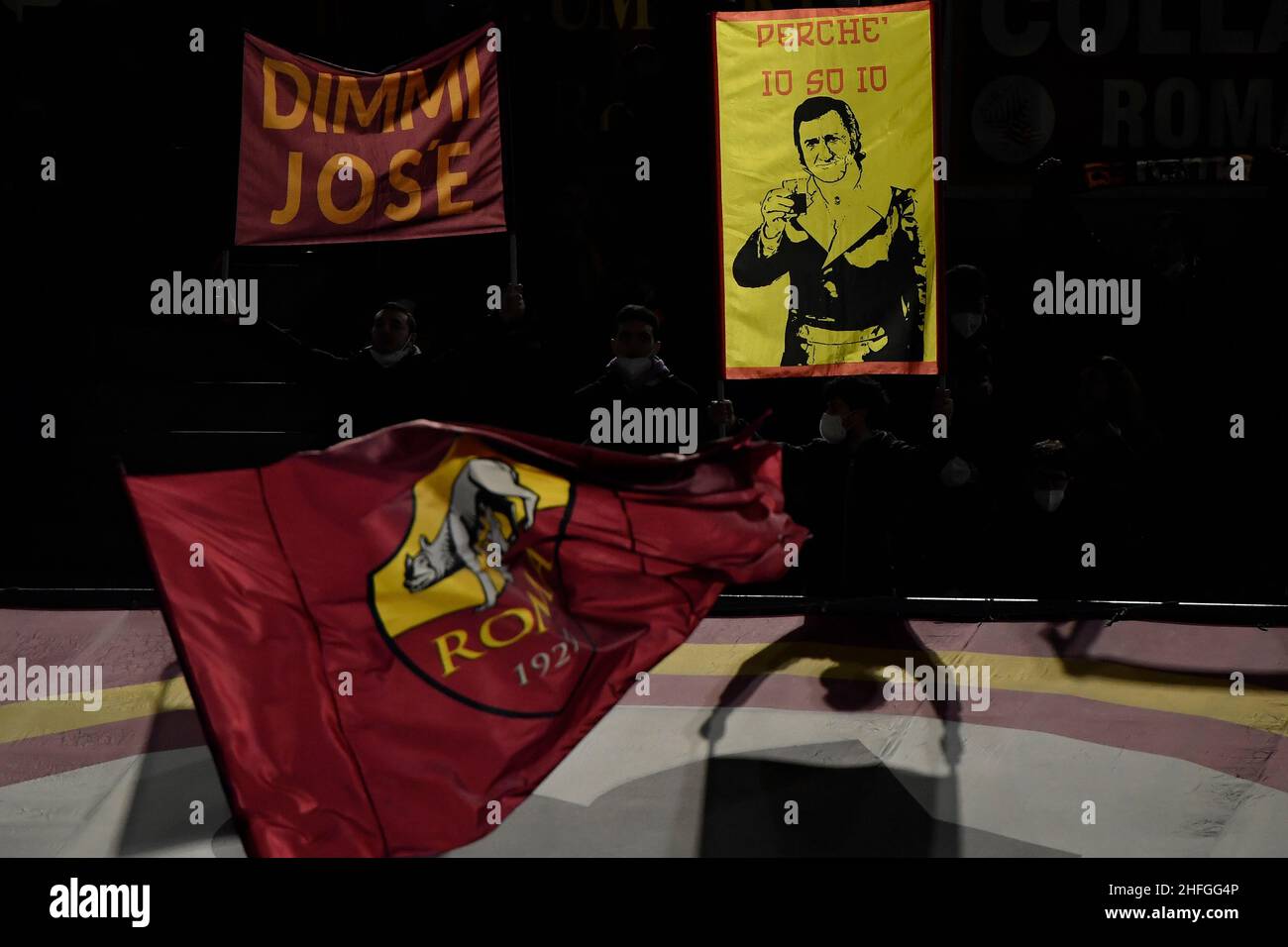 Rome, Italy. 16th Jan, 2022. A banner for Jose Mourinho is shown by AS ...