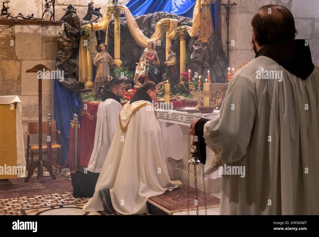 Franciscan priests taking part in the daily mass inside the Roman ...