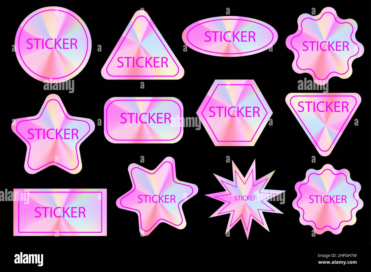 Set of different shapes holographic gradient sticker label in pink ...