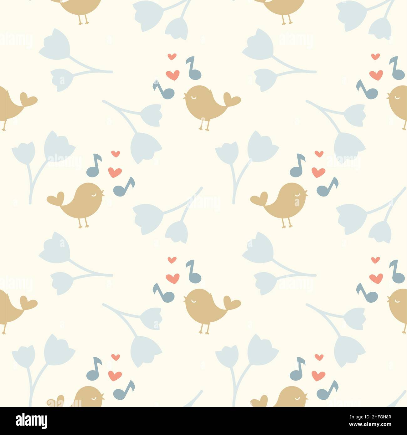 Cute bird music notes seamless pattern. Colorful songbirds and flowers ...