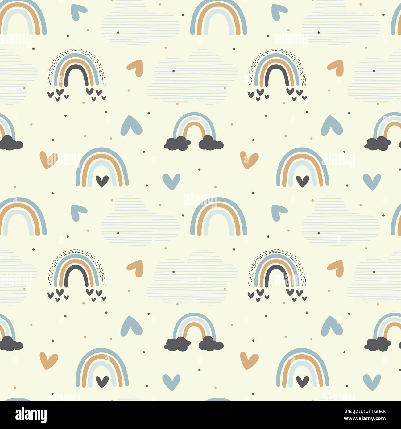 Rainbows and hearts pastel seamless pattern. Rainbow with clouds hand ...