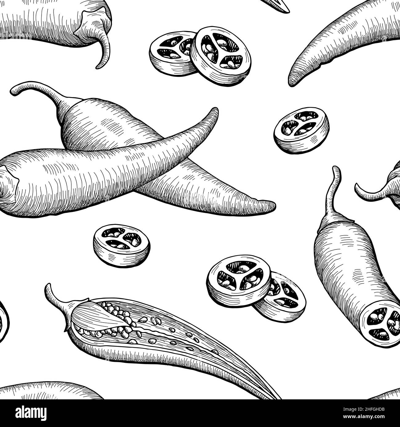 Chilli pepper graphic black white sketch seamless pattern illustration ...