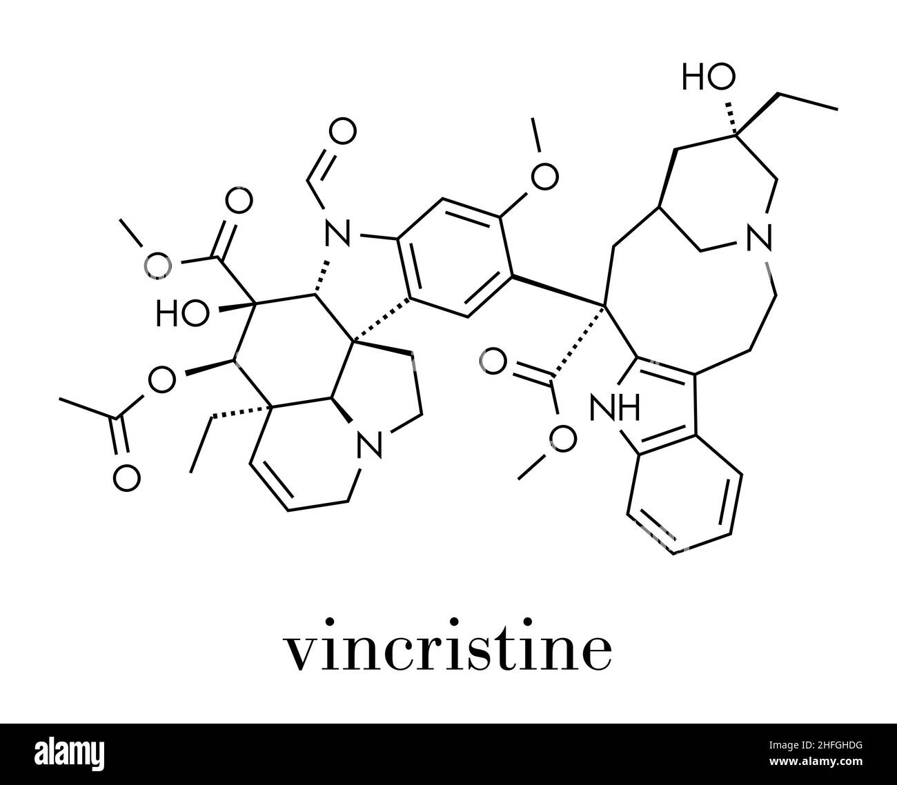 Vincristine cancer drug molecule (vinca alkaloid class). Skeletal ...
