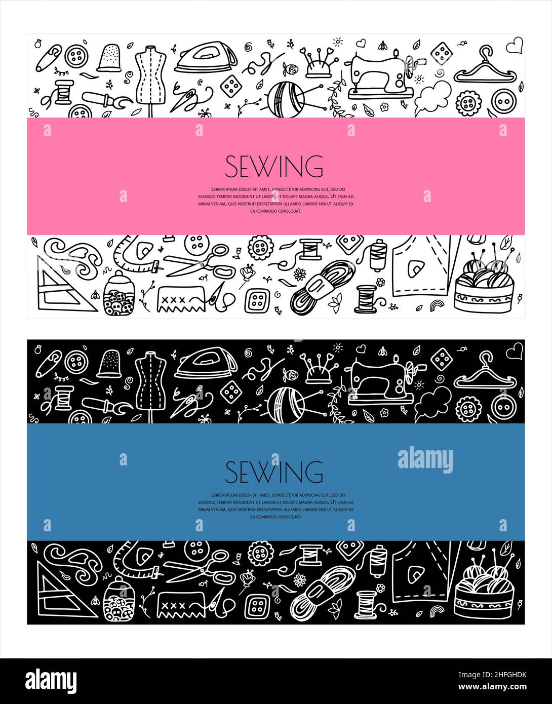 Vector doodle sewing banners. Vector tailoring tools icons. Sewing ...