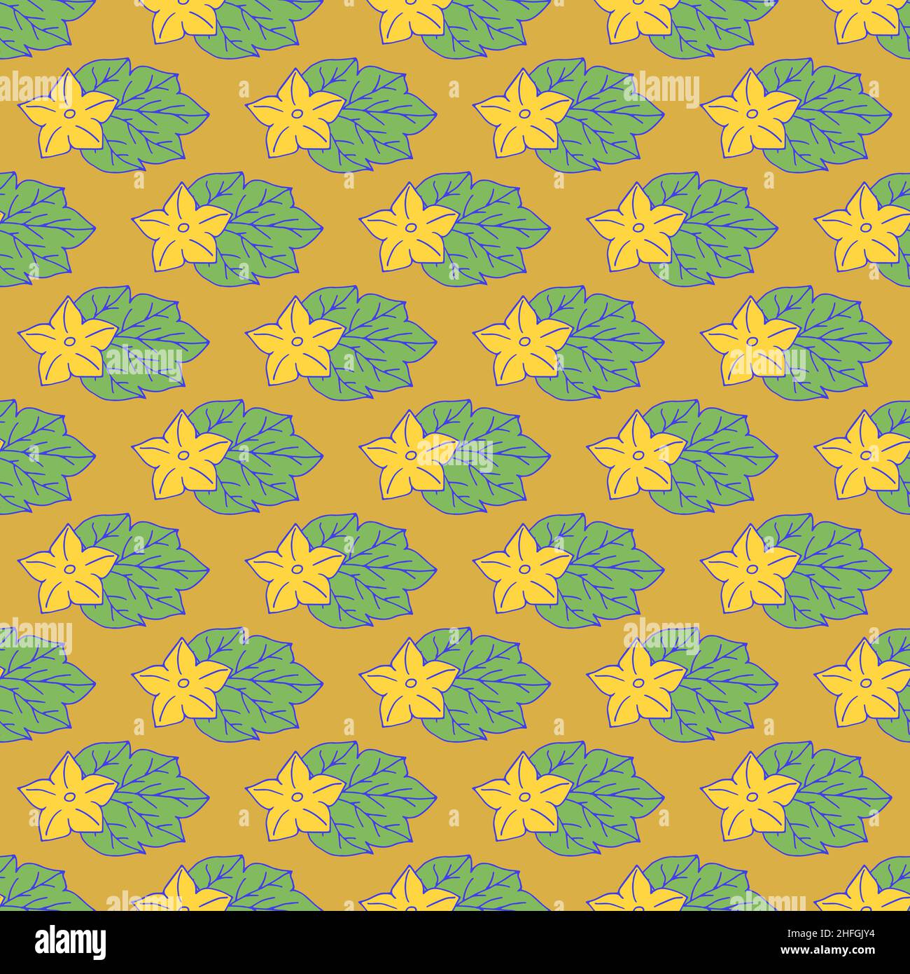 Seamless pattern with hand drawn pumpkin leaves and flowers. Golden ...