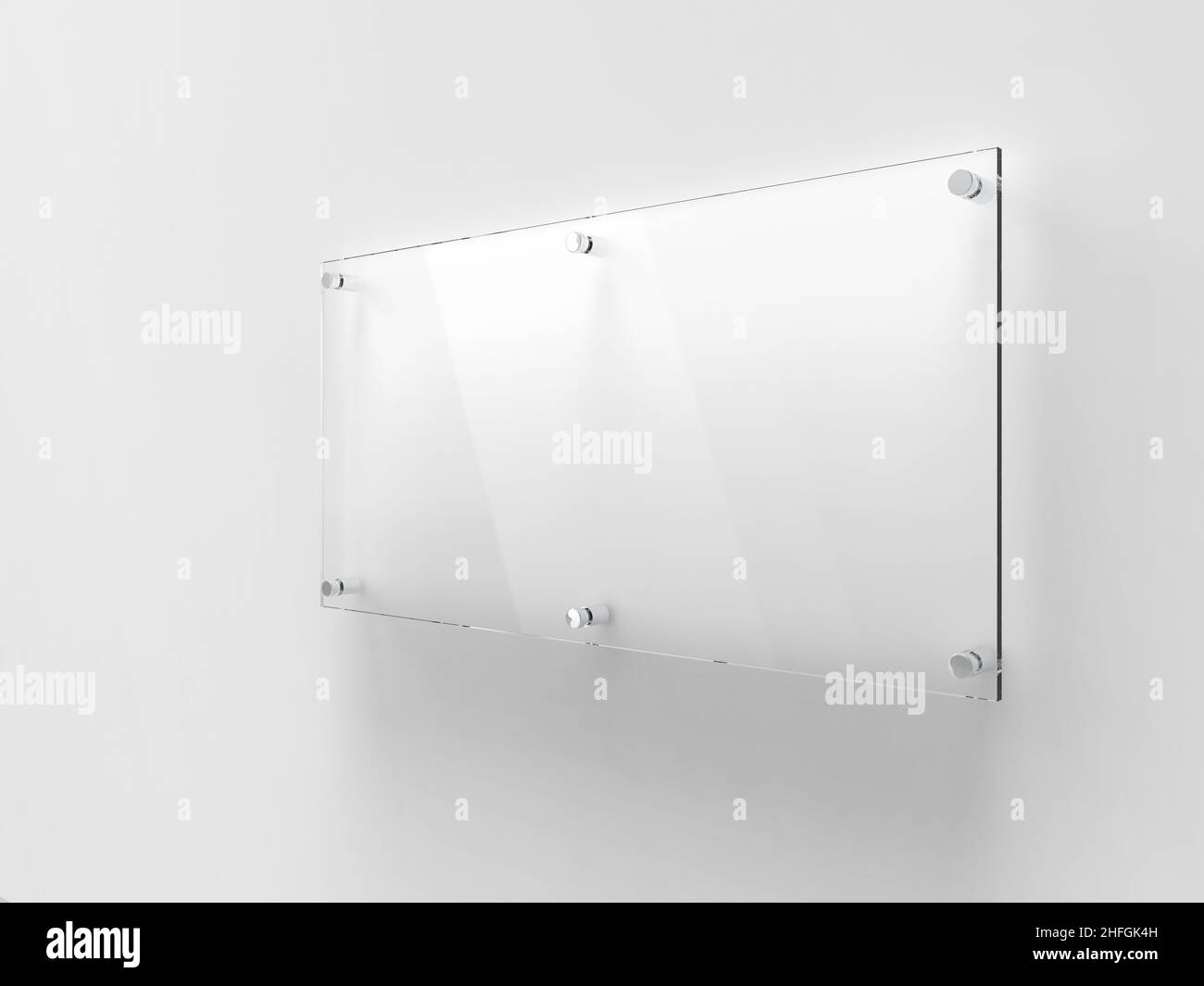 Transparent wide glass nameplate on spacer metal holders. Clear ...