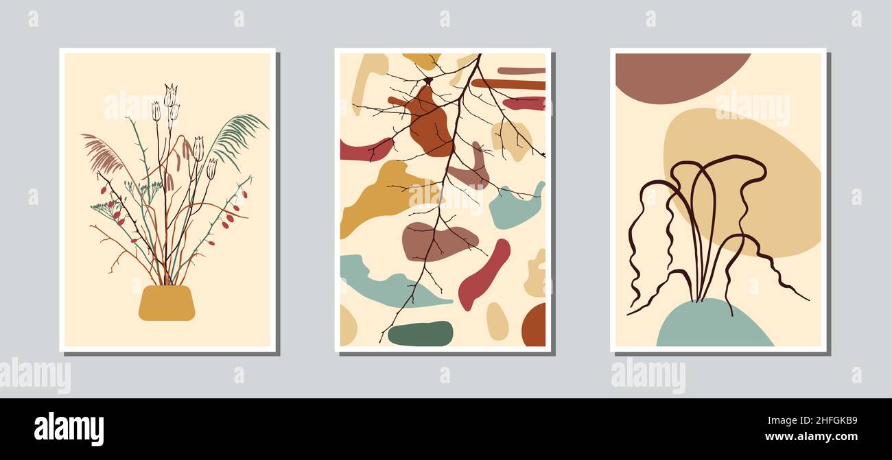 Modern abstract organic shapes and plant arrangements, set of cards or ...