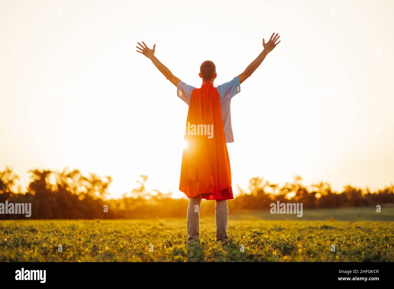 Rear view, Strong male hero wears superhero costume, raises hands ...