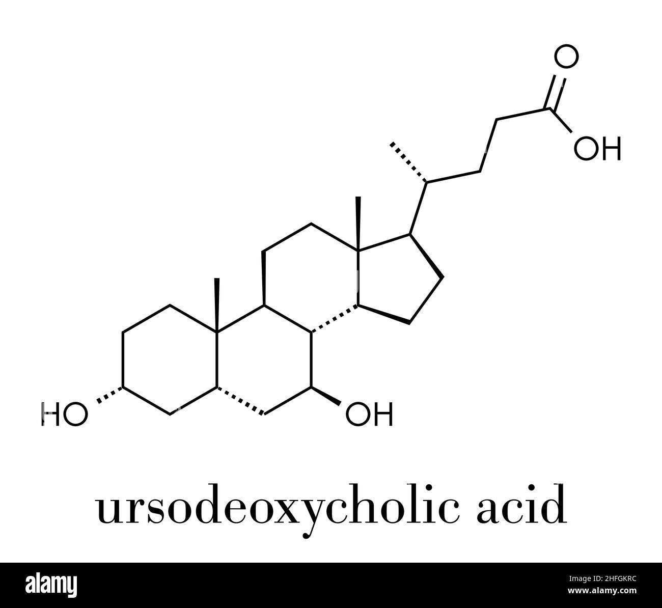 Ursodiol (ursodeoxycholic acid, UDCA) gallstone treatment drug molecule ...