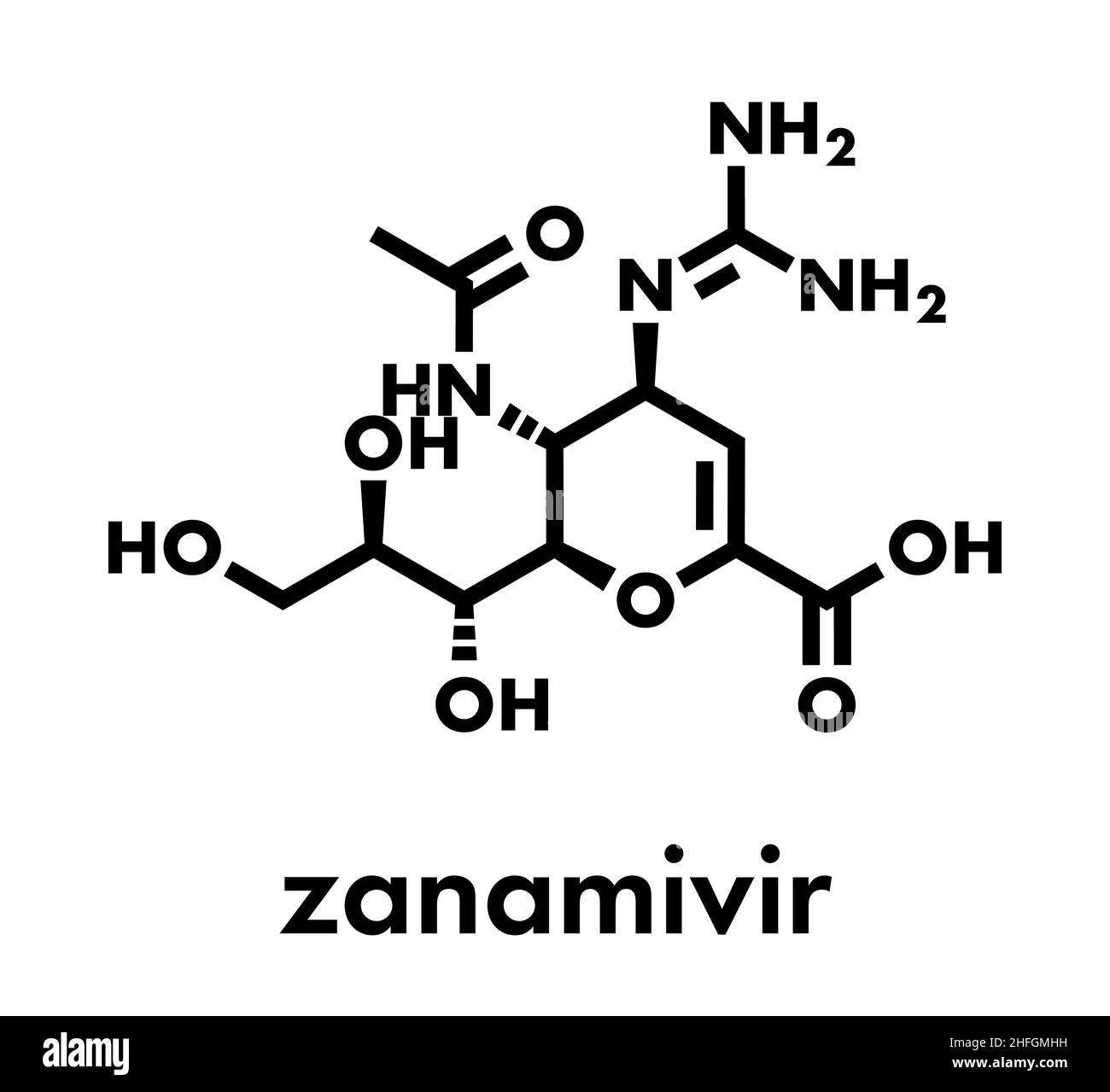 Zanamivir influenza virus treatment drug molecule. Skeletal formula ...