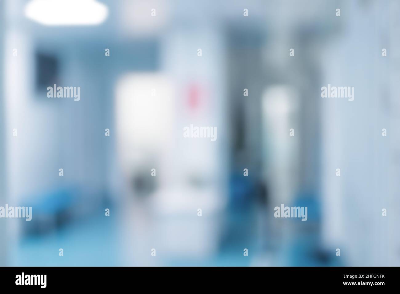 Blue abstract medical background. Empty clinic hall with artificial ...