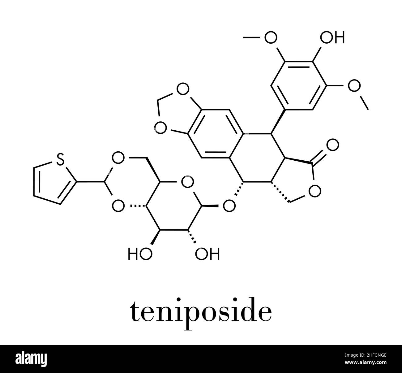 Teniposide cancer drug molecule (topoisomerase II inhibitor). Skeletal ...
