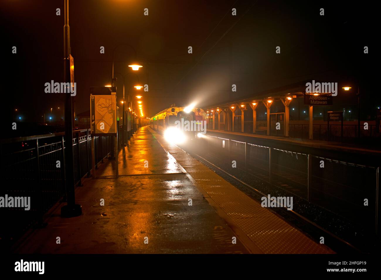 Commuter train pulling into the station in Matawan, New Jersey, on a ...