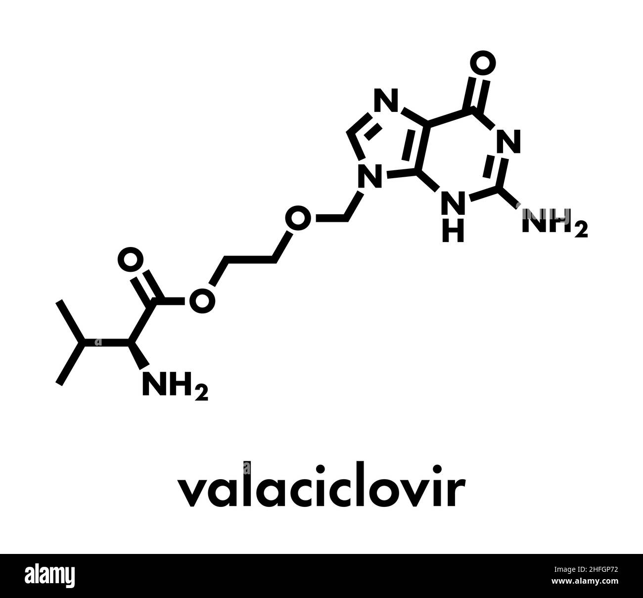 Valaciclovir (valacyclovir) herpes infection drug molecule. Skeletal ...