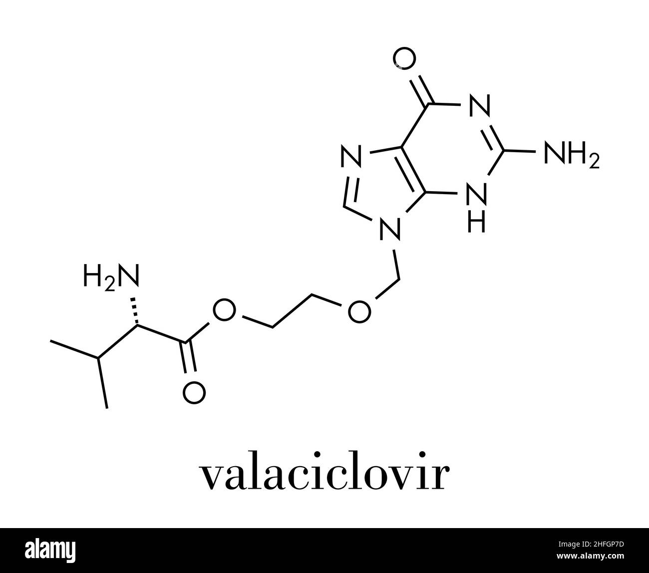 Valaciclovir (valacyclovir) herpes infection drug molecule. Skeletal ...
