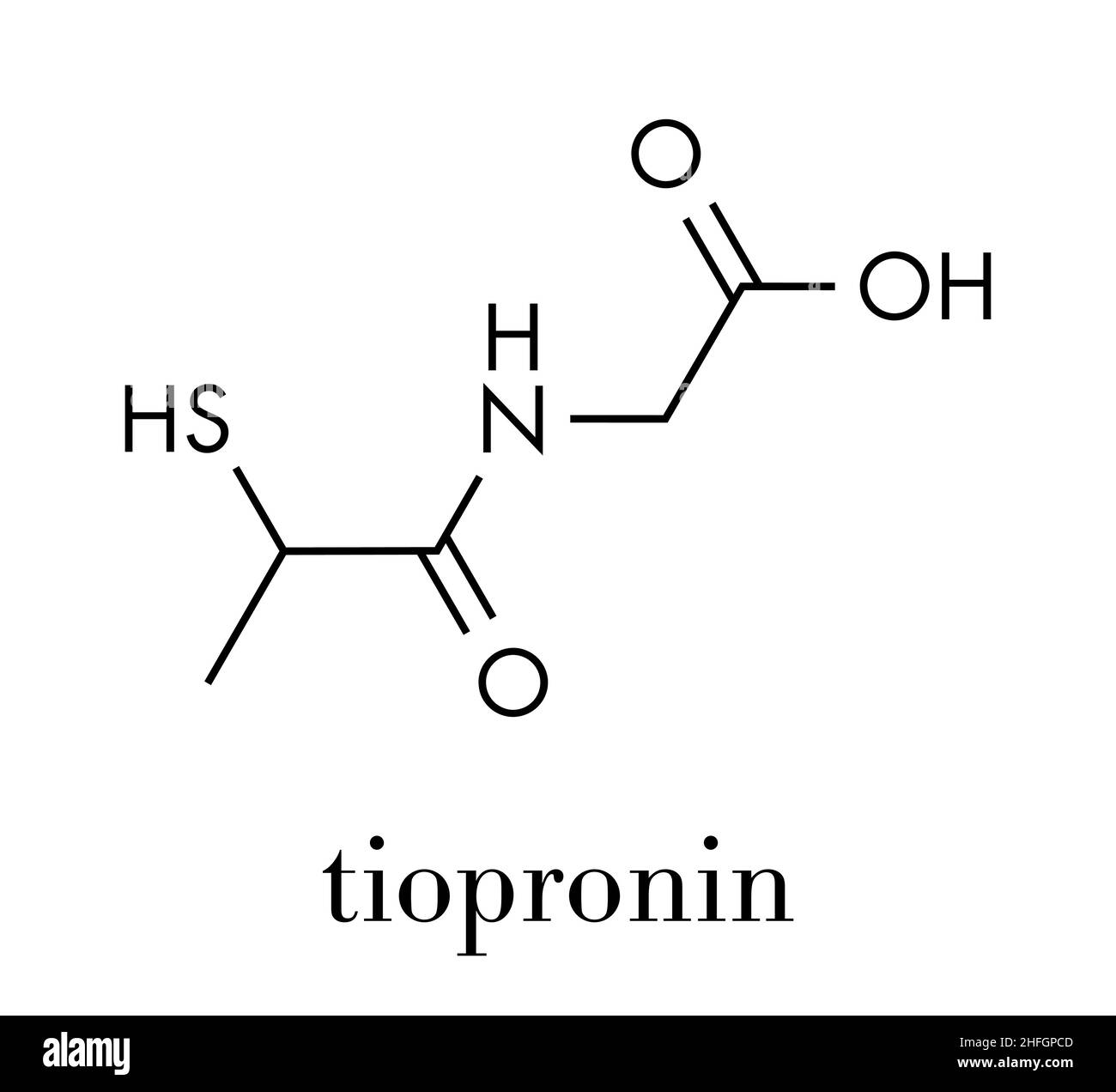 Tiopronin cystinuria drug molecule. Has orphan drug status. Skeletal ...