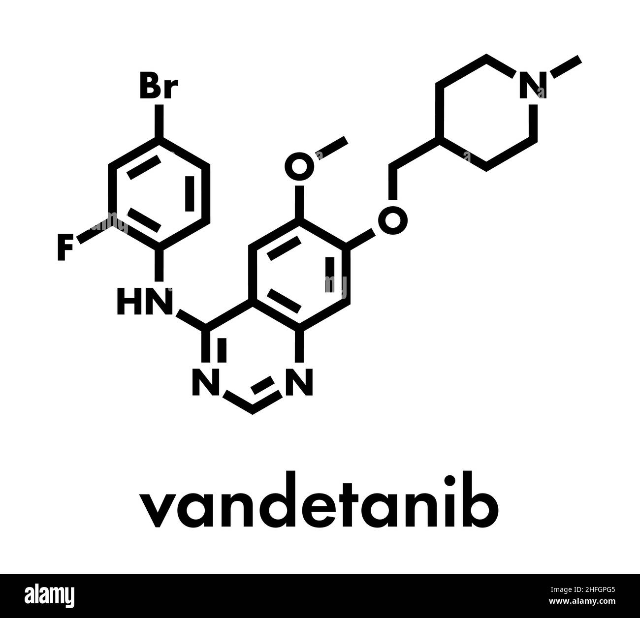Vandetanib cancer drug molecule (kinase inhibitor). Skeletal formula ...