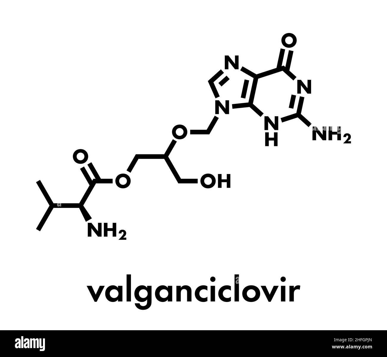 Valganciclovir cytomegalovirus (CMV, HCMV) drug molecule. Skeletal ...