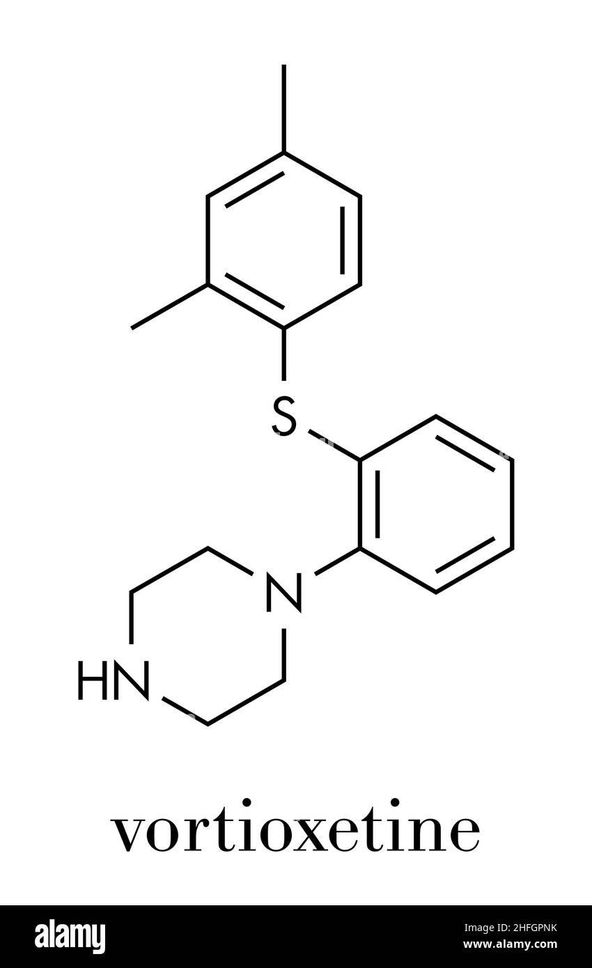 Vortioxetine antidepressant drug molecule. Skeletal formula Stock ...