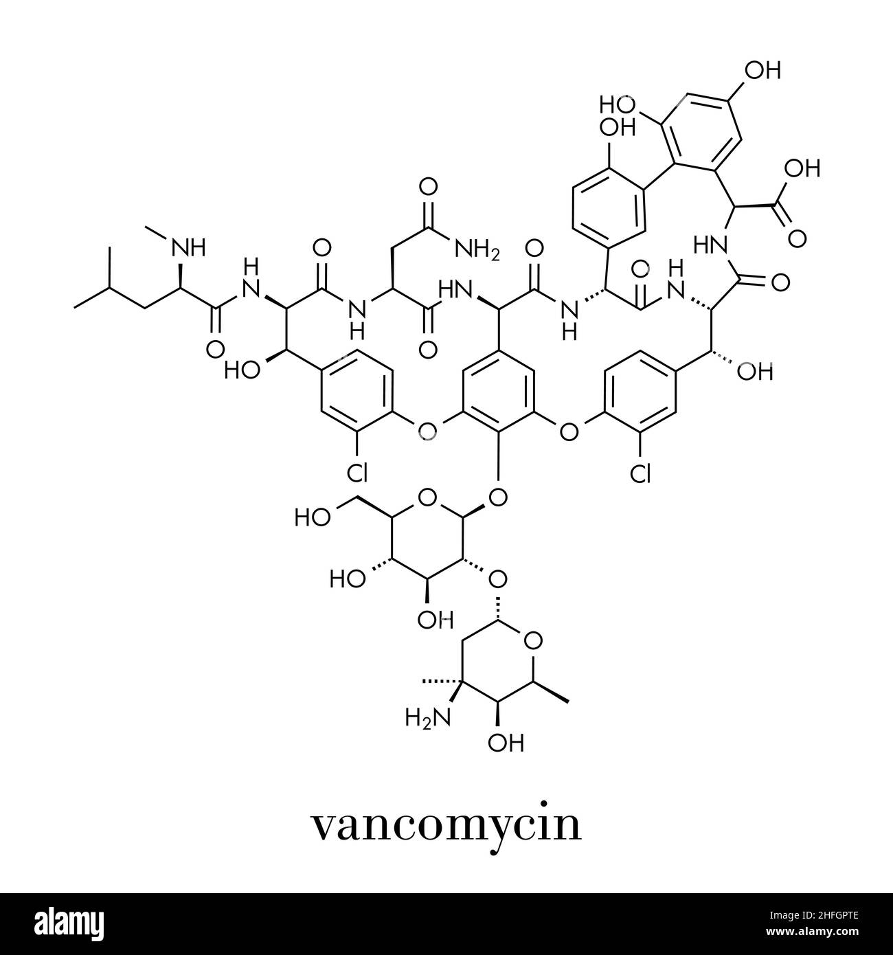 Vancomycin antibiotic drug (glycopeptide class) molecule. Skeletal ...