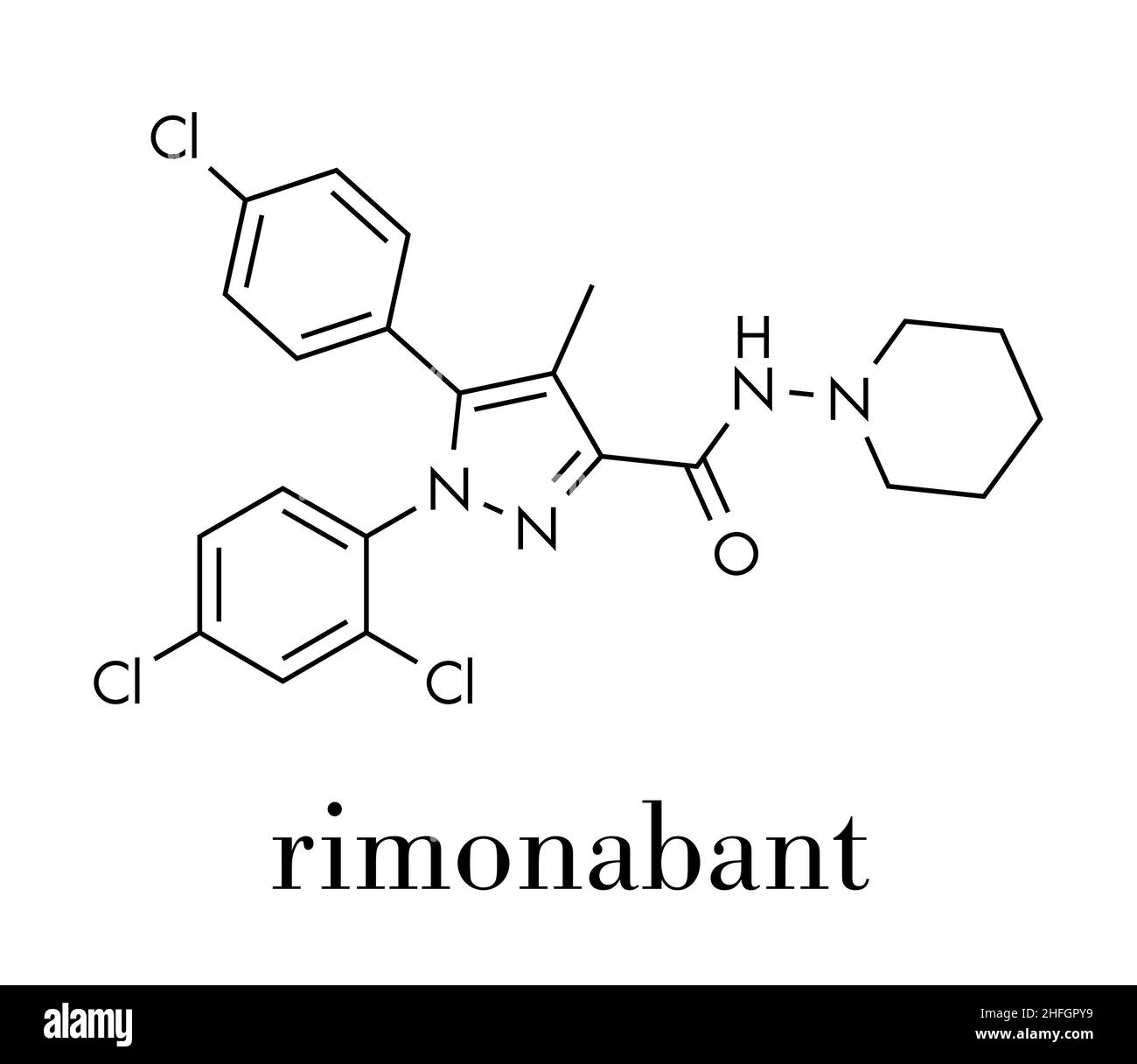 Rimonabant obesity drug molecule (withdrawn). Skeletal formula Stock ...