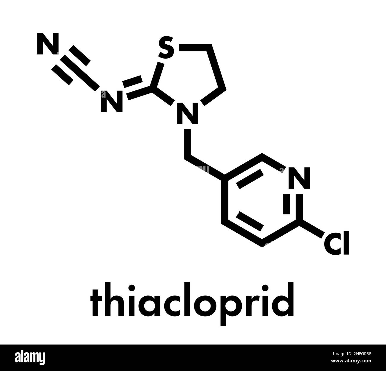 Thiacloprid insecticide molecule (neonicotinoid class). Skeletal ...