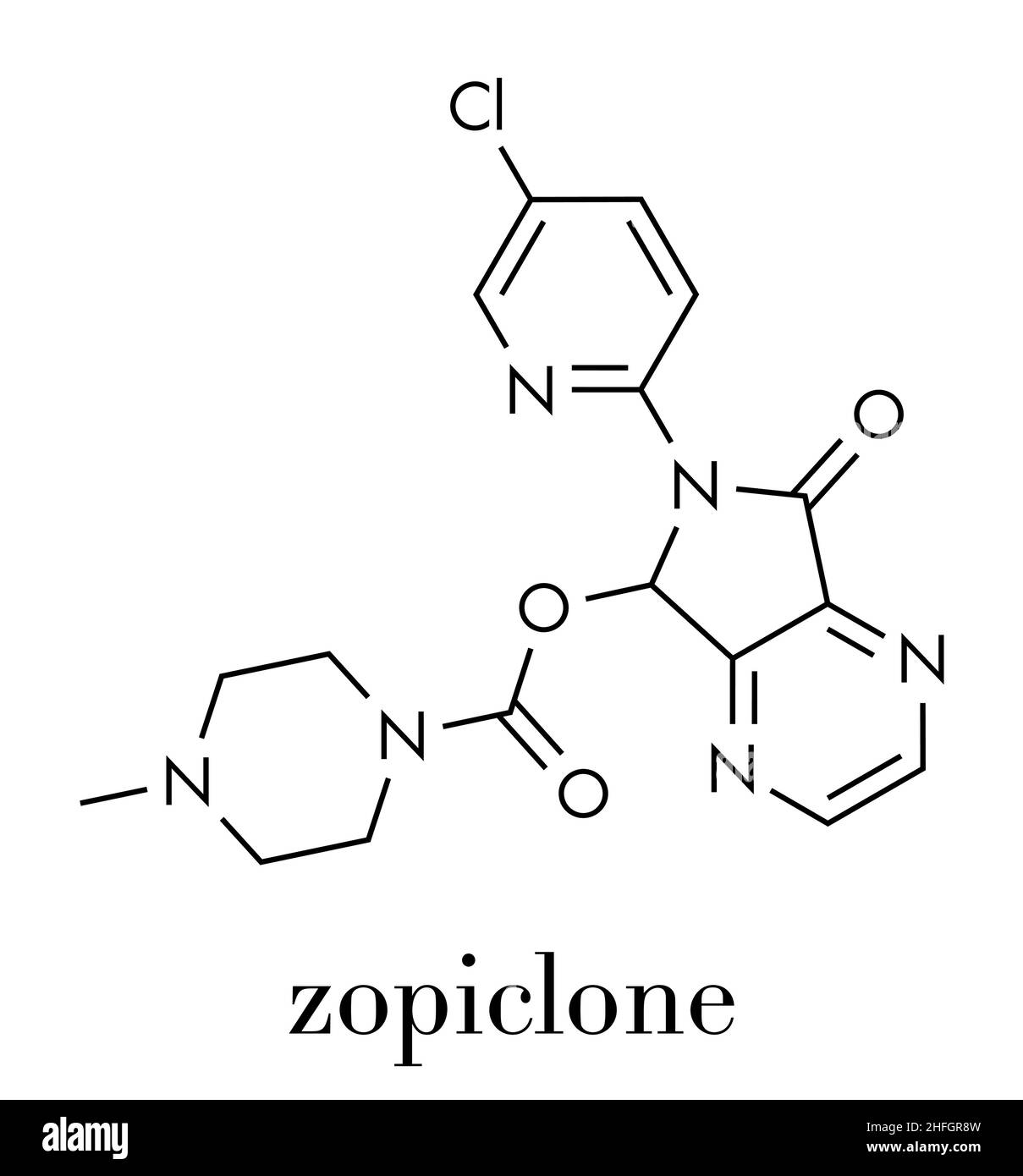 Zopiclone insomnia drug (sleeping pill, z-drug) molecule. Skeletal ...