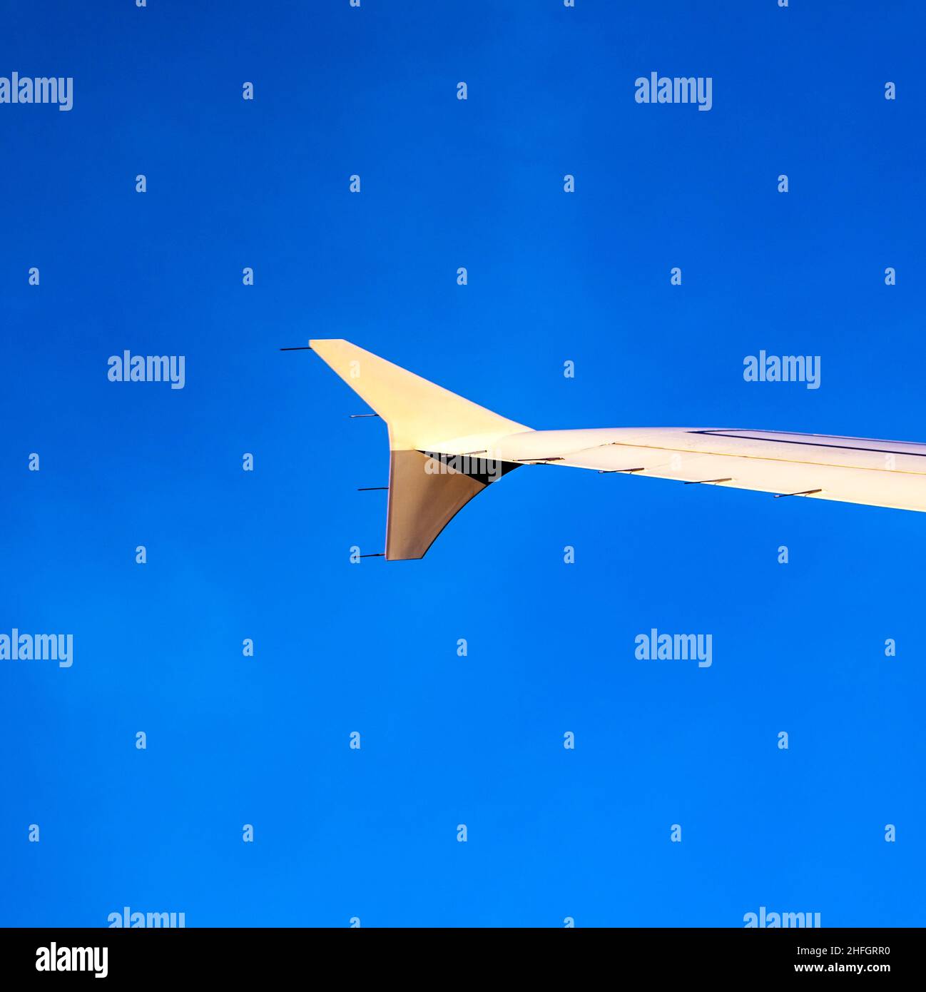 Aircraft wing some component of plane on during flying high above sky ...