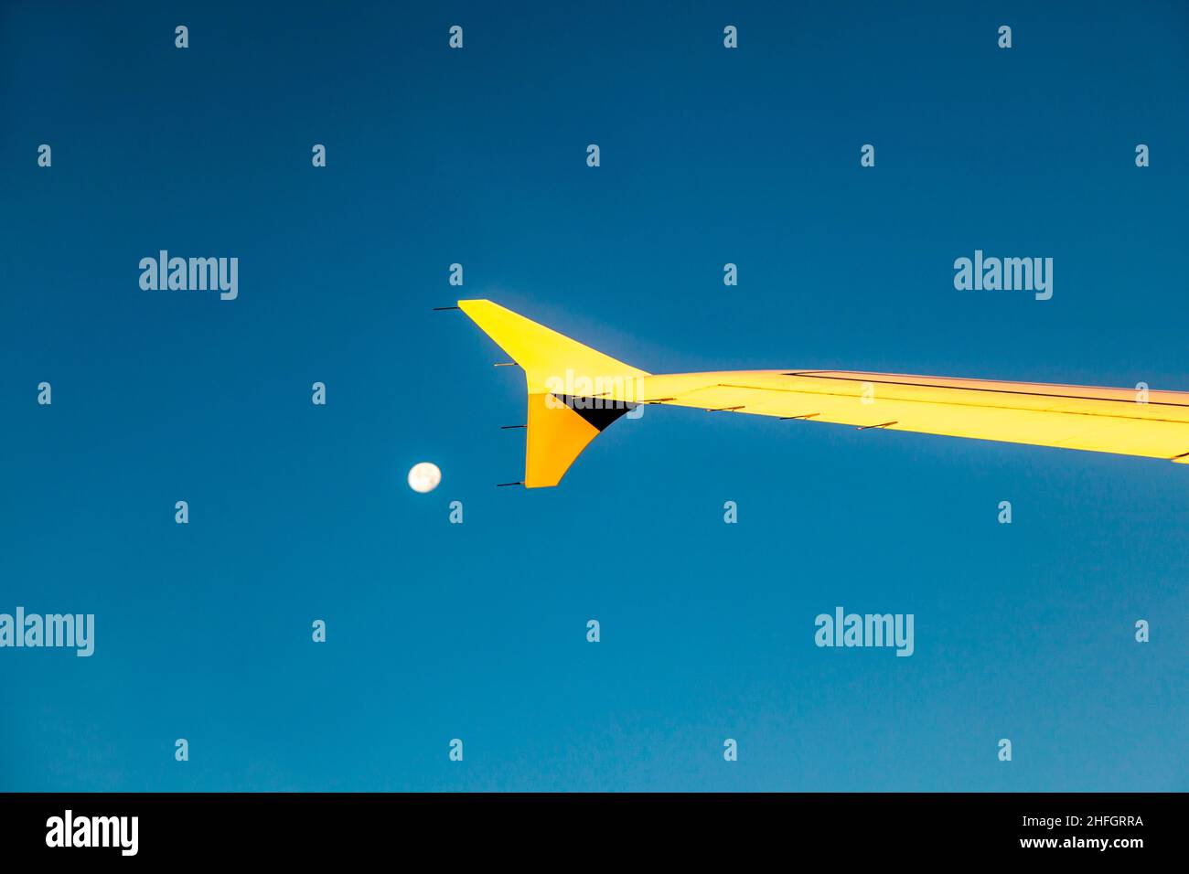 Aircraft wing some component of plane on during flying high above sky ...