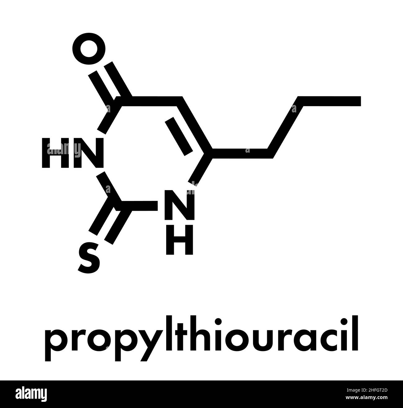 Propylthiouracil (PTU) hyperthyroidism drug molecule. Skeletal formula ...