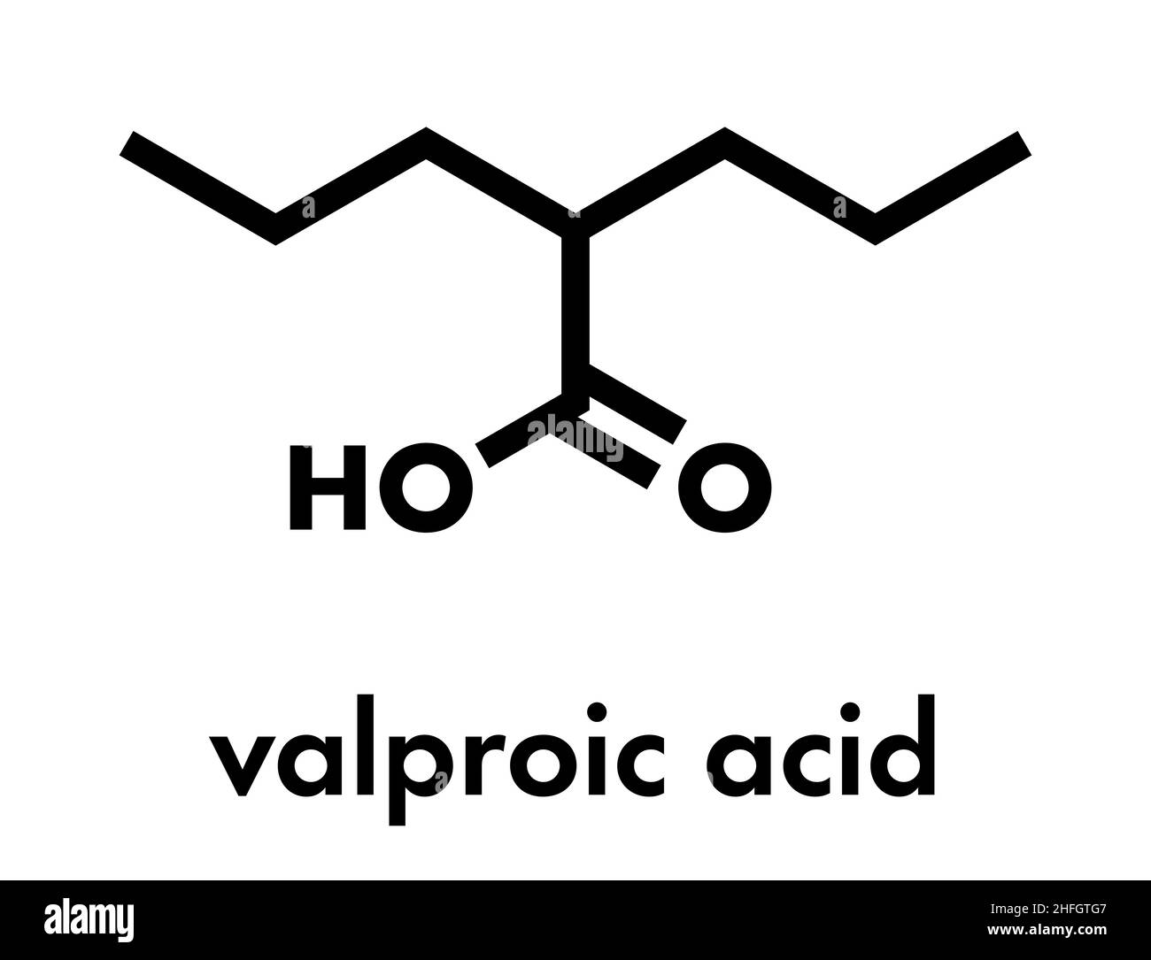 Valproic acid or valproate epilepsy (seizures) drug molecule. Skeletal ...