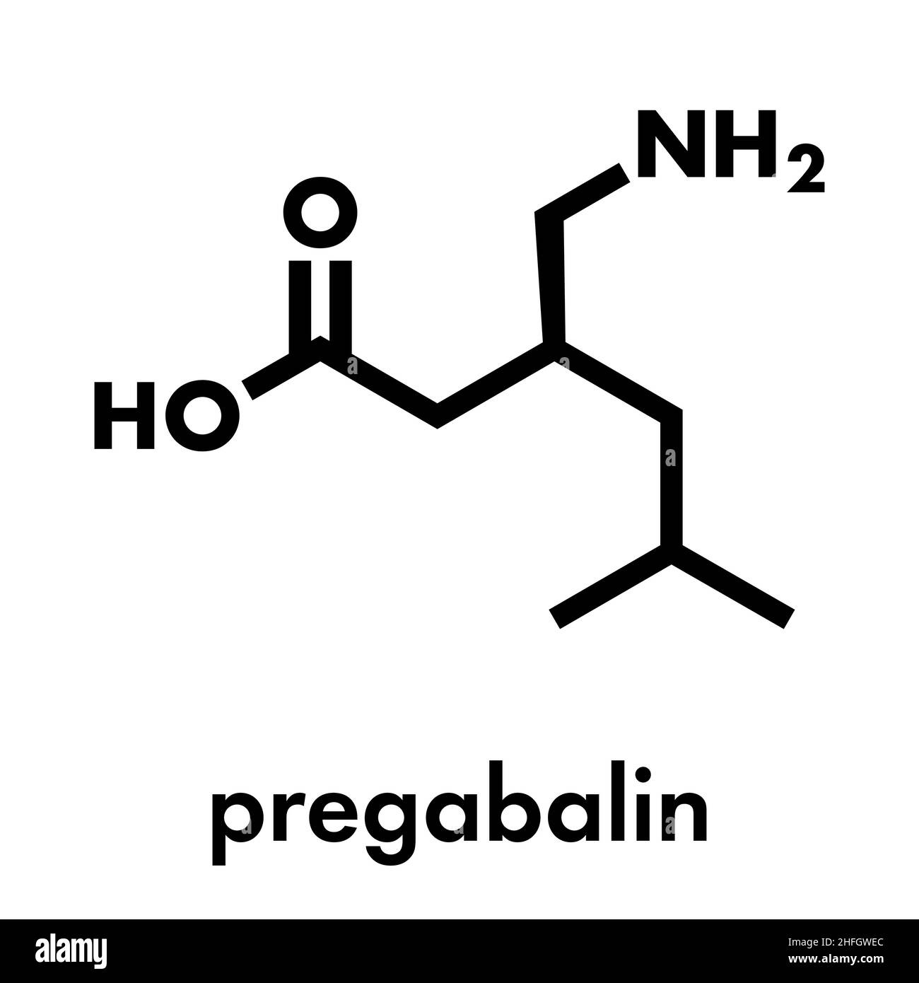 Pregabalin epilepsy and fibromyalgia drug molecule. Skeletal formula ...