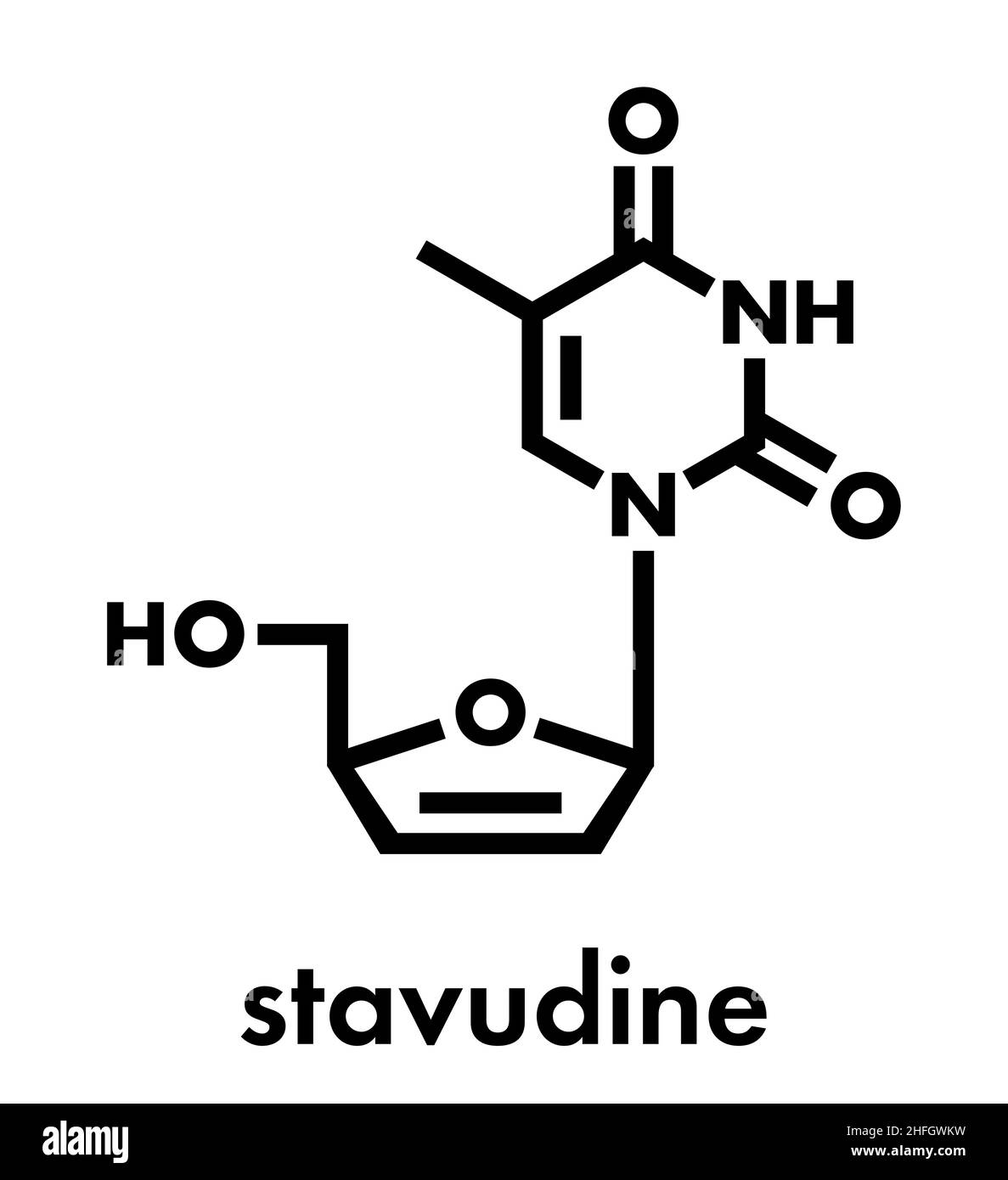 Stavudine (d4T) HIV drug molecule. Thymidine analog that blocks reverse ...