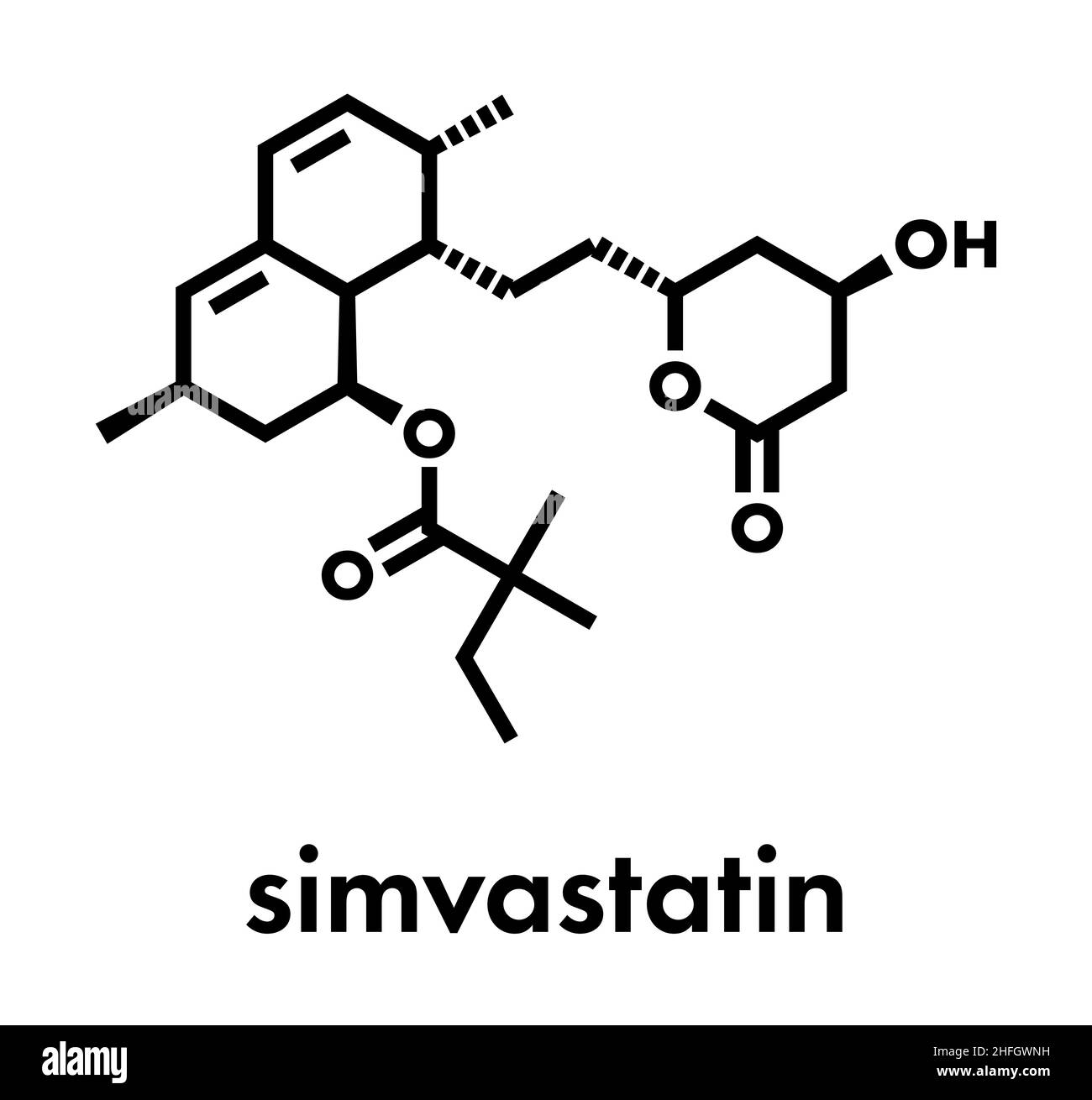 Simvastatin cholesterol lowering drug (statin class) molecule. Skeletal ...