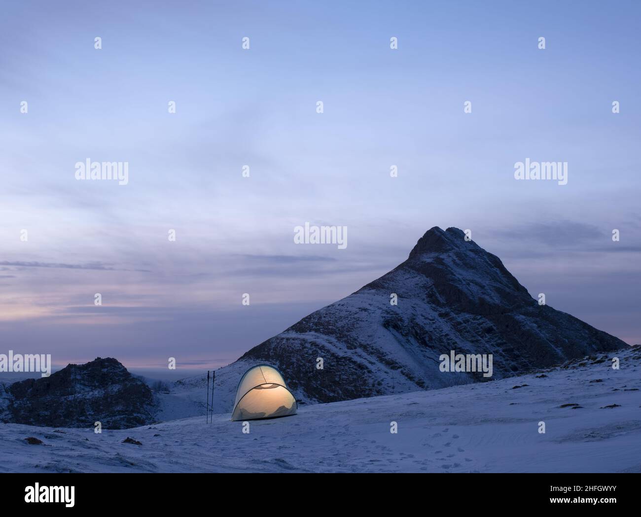 Tent at dusk in the natural park of the Aralar mountain range, Euskadi ...