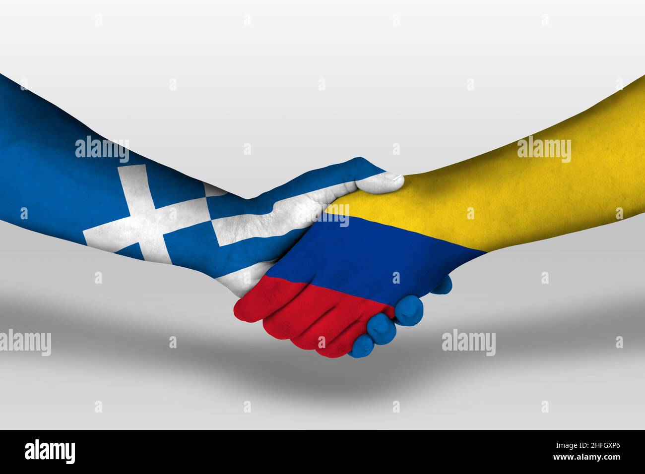 Handshake between brazil and greece flags painted on hands ...