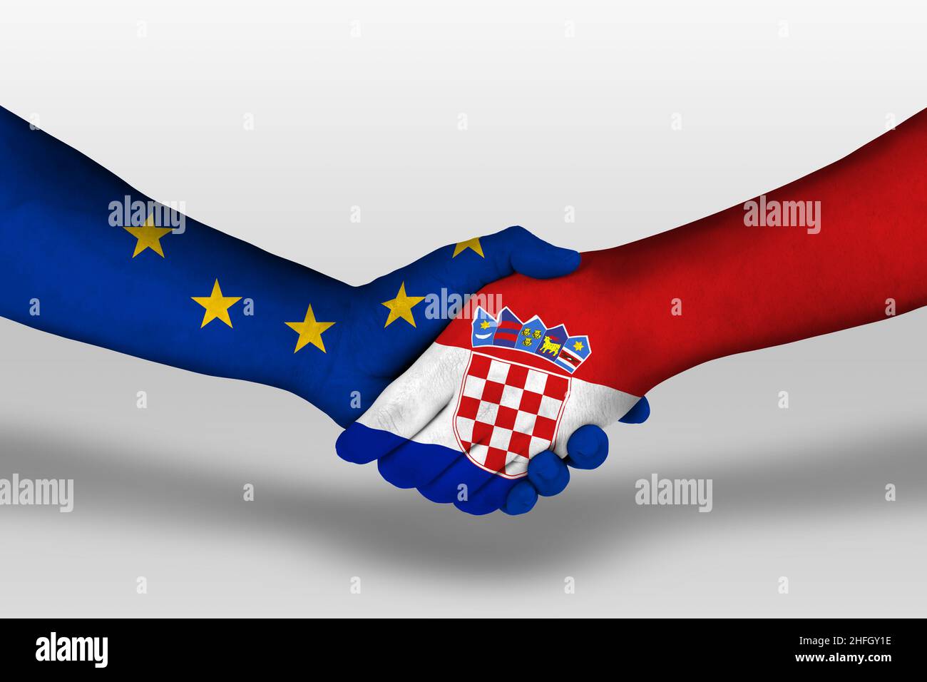 Handshake between china and european union flags painted on hands ...