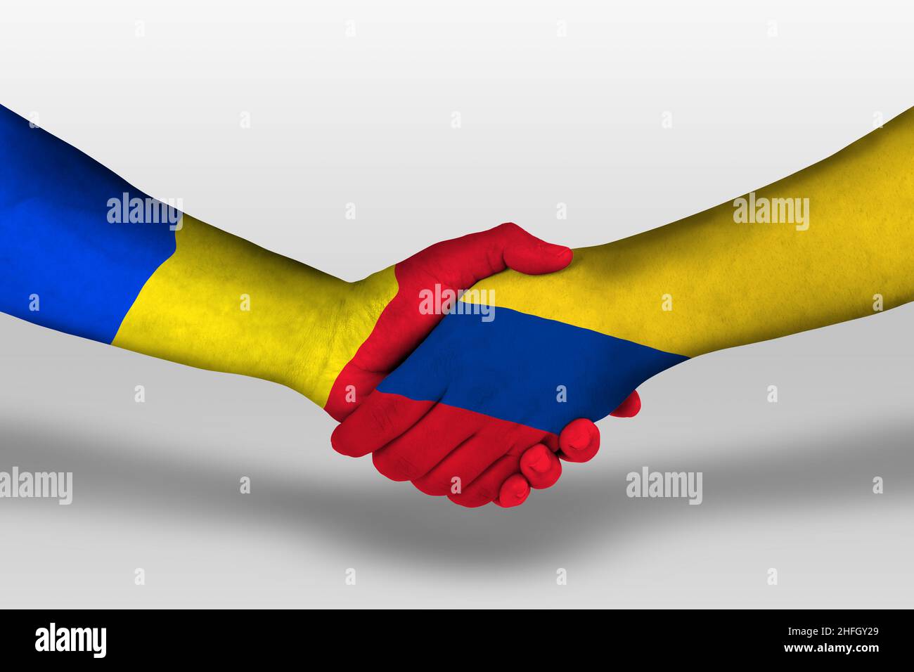 Handshake between china and romania flags painted on hands ...