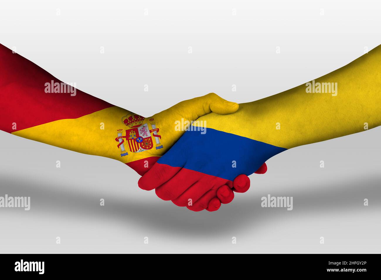 Handshake between china and spain flags painted on hands, illustration ...