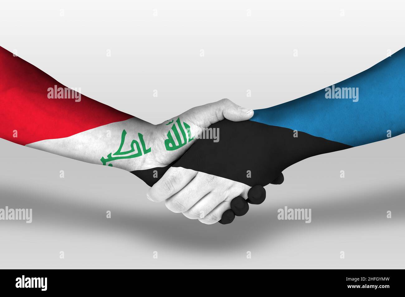 Handshake between egypt and iraq flags painted on hands, illustration ...
