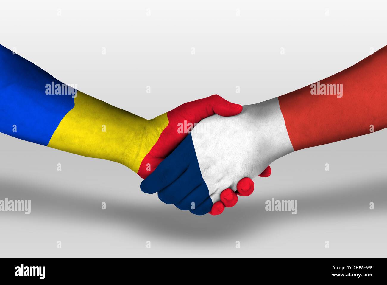 Handshake between european union and romania flags painted on hands ...