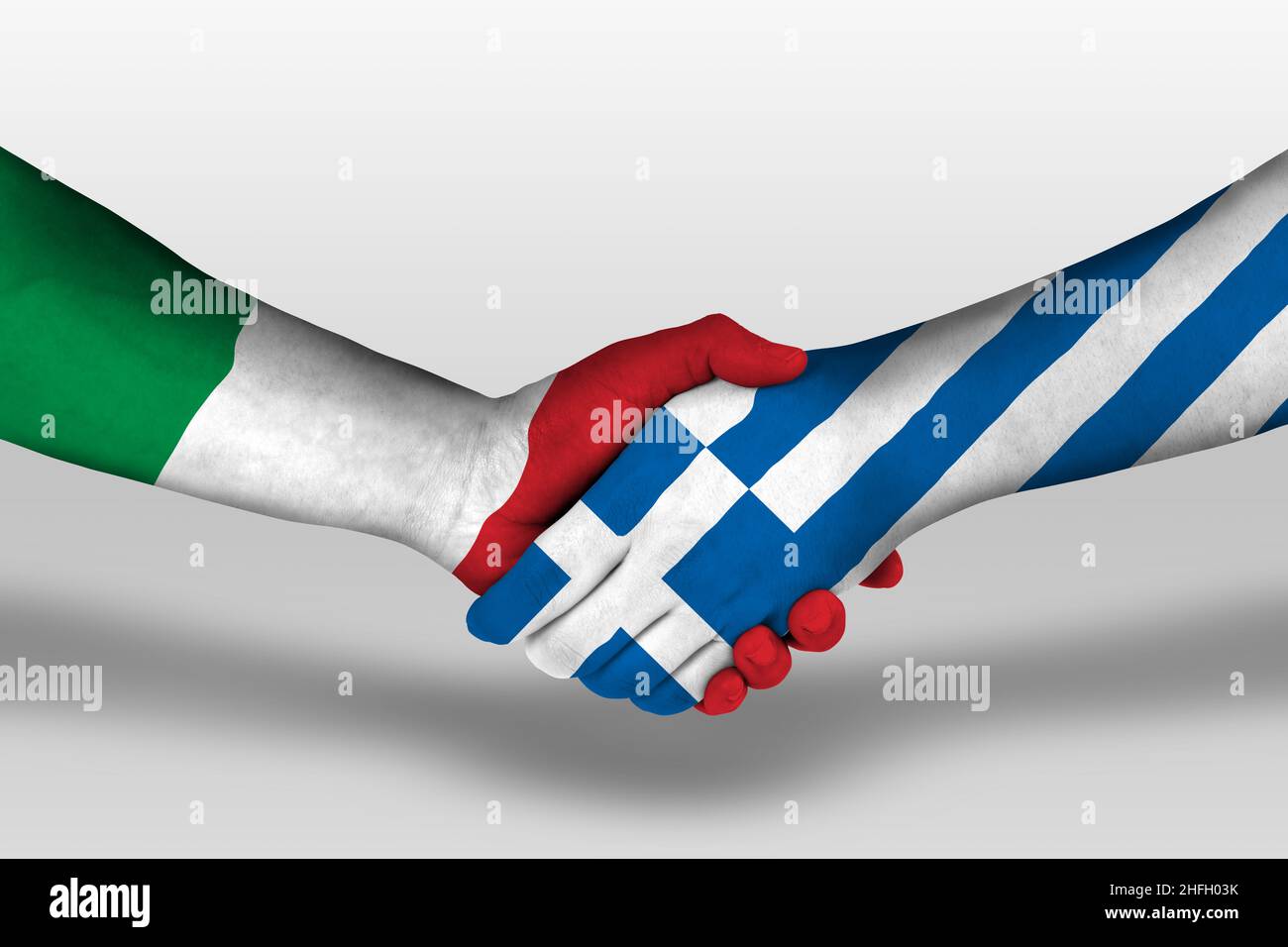 Handshake between france and italy flags painted on hands, illustration ...