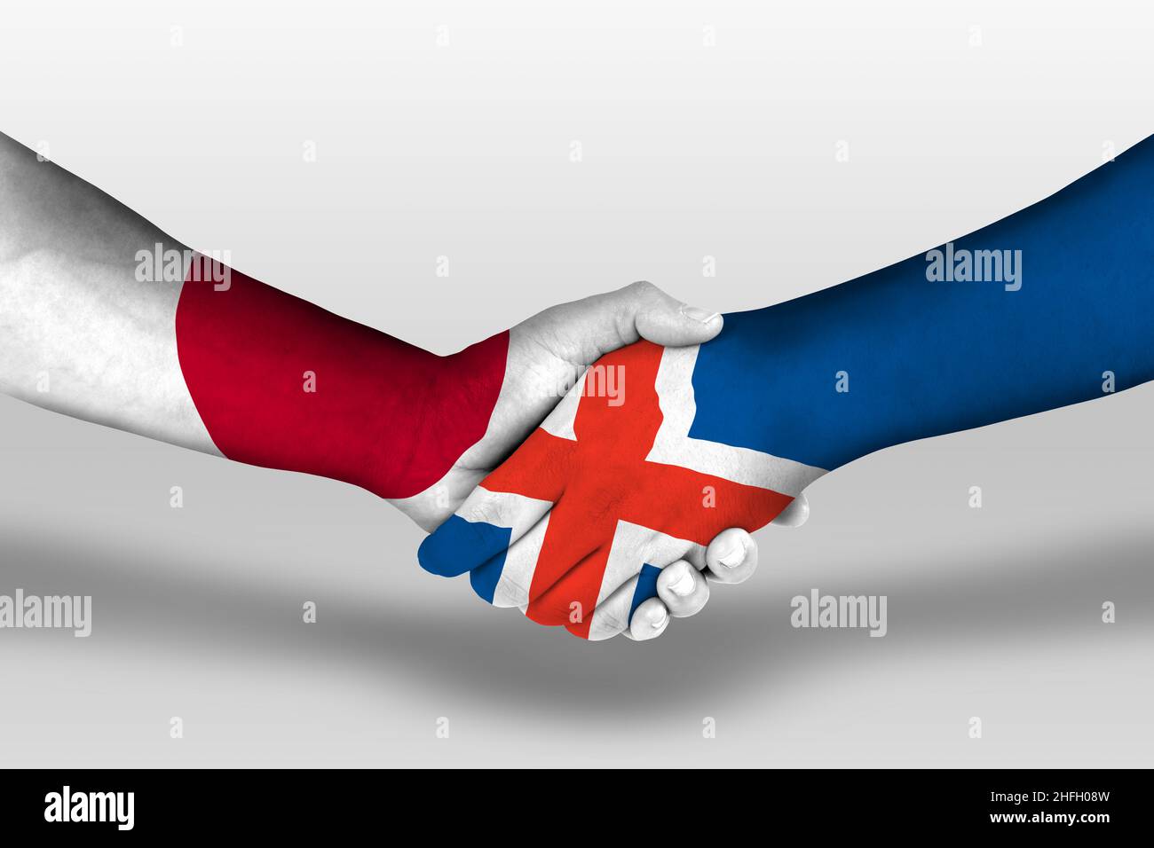 Handshake between greece and japan flags painted on hands, illustration ...