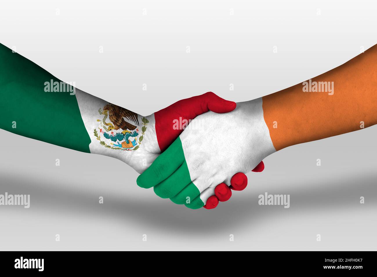 Handshake between iran and mexico flags painted on hands, illustration ...