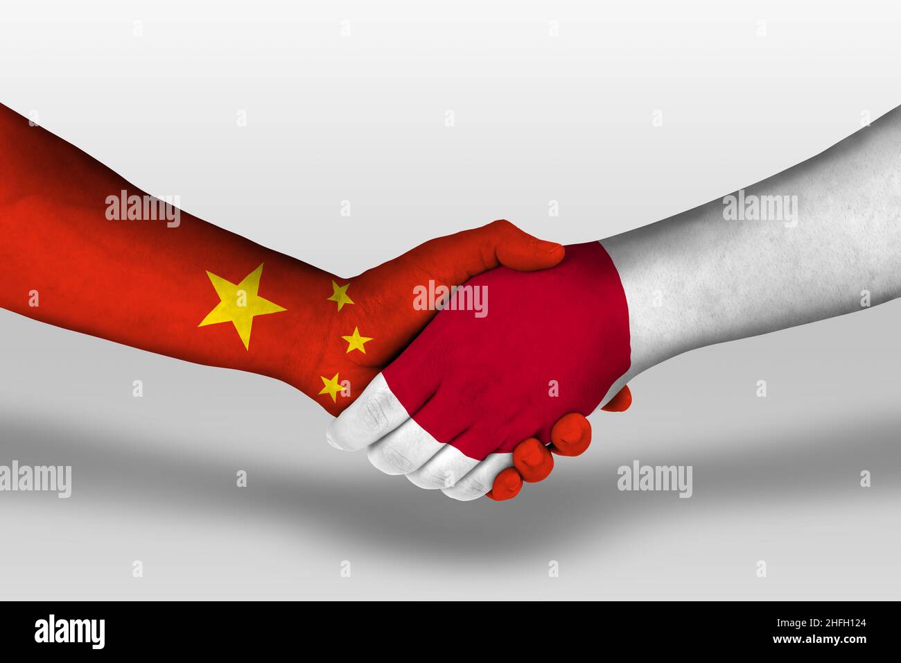 Handshake between japan and china flags painted on hands, illustration ...