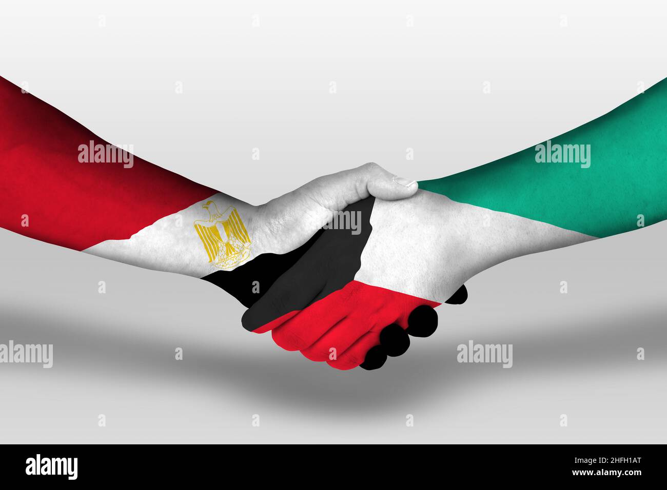 Handshake between kuwait and egypt flags painted on hands, illustration ...