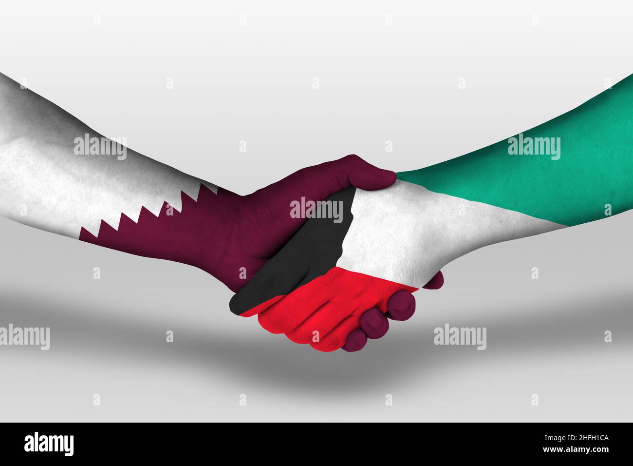 Handshake between kuwait and qatar flags painted on hands, illustration ...