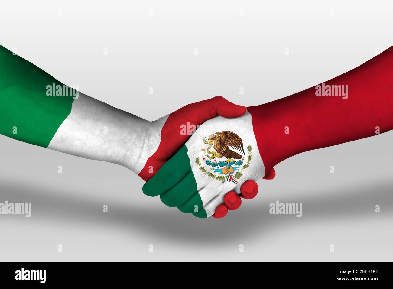 Handshake between mexico and italy flags painted on hands, illustration ...